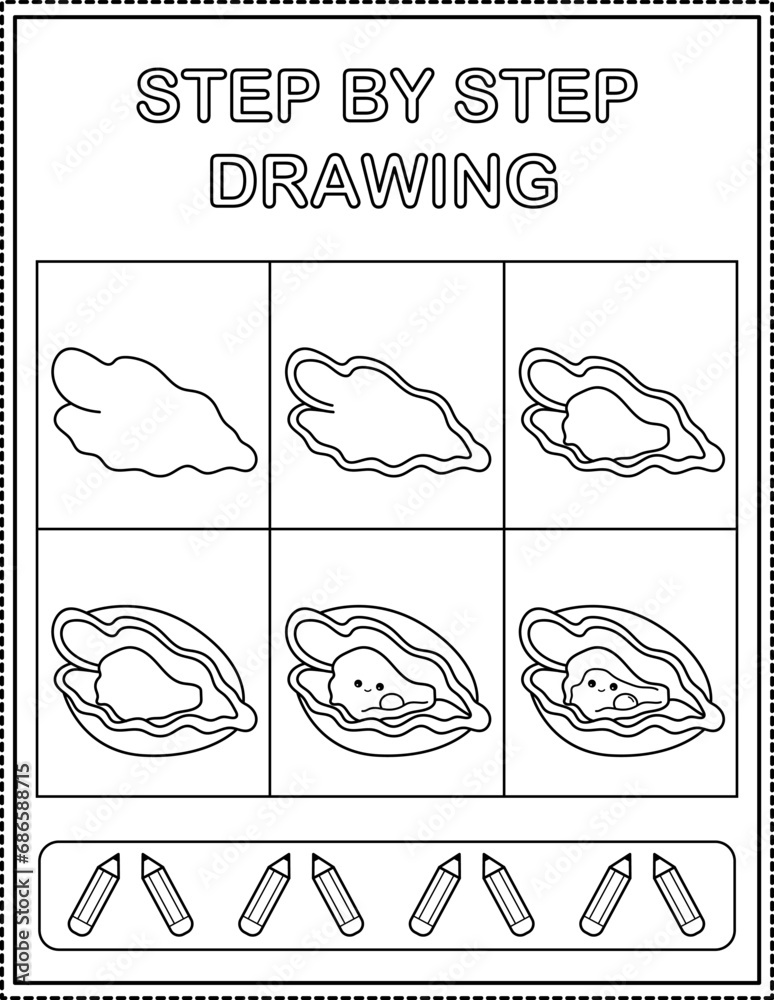Clam. Book page, drawing step by step. Black and white vector coloring ...