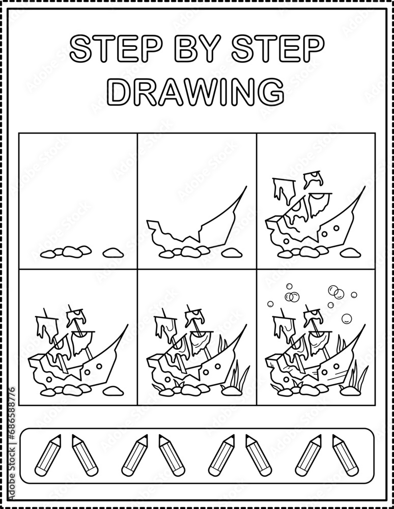 Shipwreck. Book page, drawing step by step. Black and white vector ...