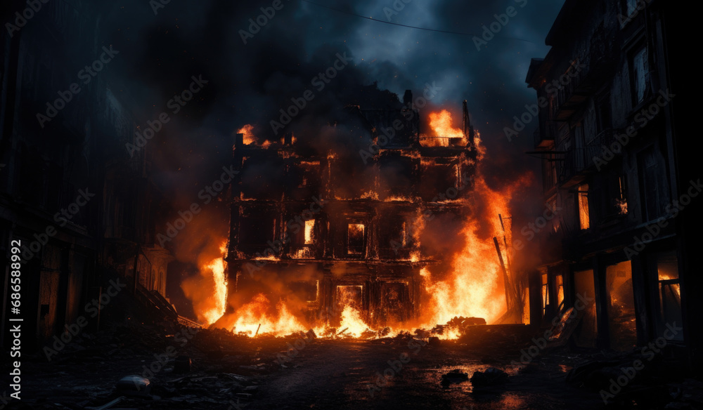 Burning building. Fire. Wildfire. Burning house. Roof of building in ...