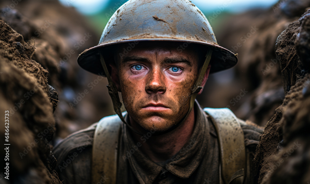 Solemn soldier in World War uniform standing in the trenches, intense ...