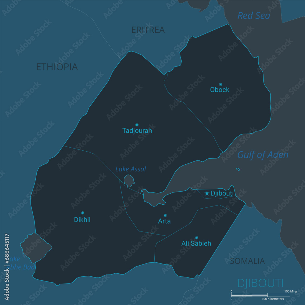 Djibouti map. High detailed map of Djibouti with countries, borders ...