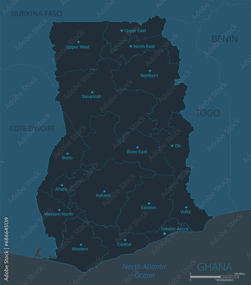 Vector de Stock Ghana map. High detailed map of Ghana with countries ...