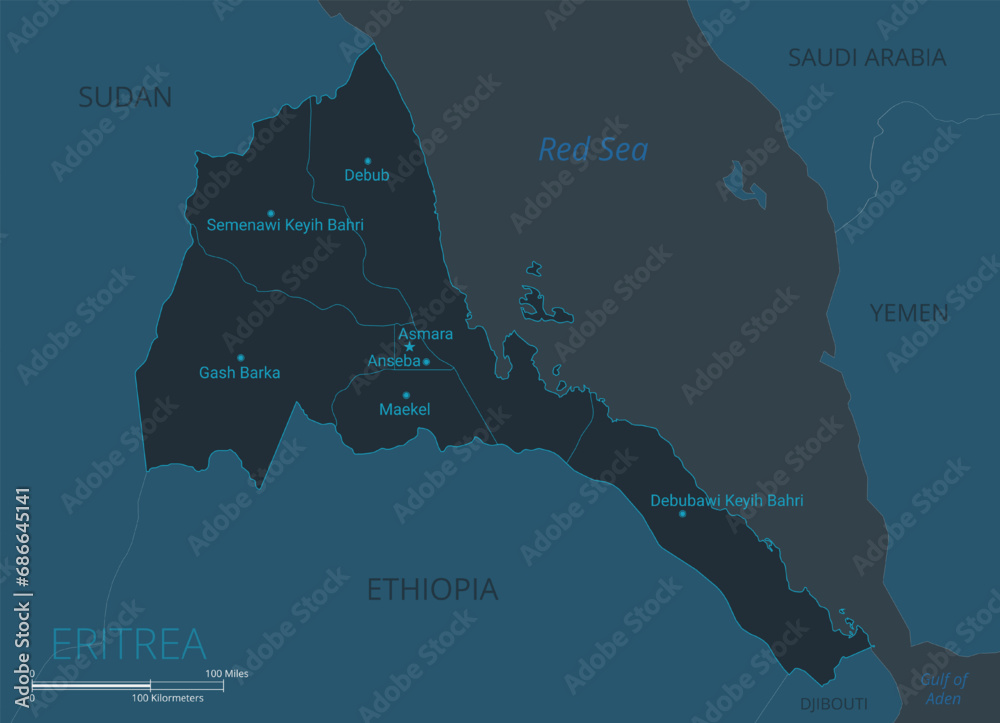 Eritrea map. High detailed map of Eritrea with countries, borders ...