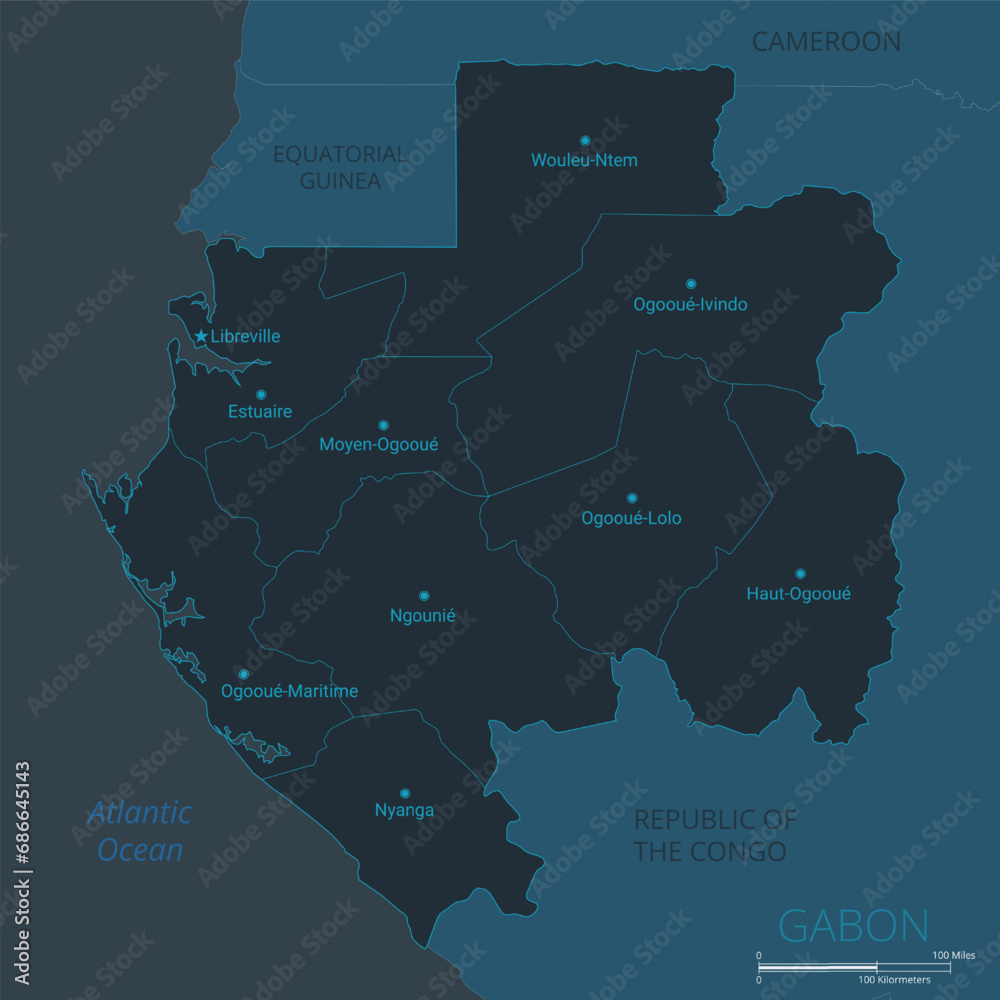 Gabon map. High detailed map of Gabon with countries, borders, cities ...