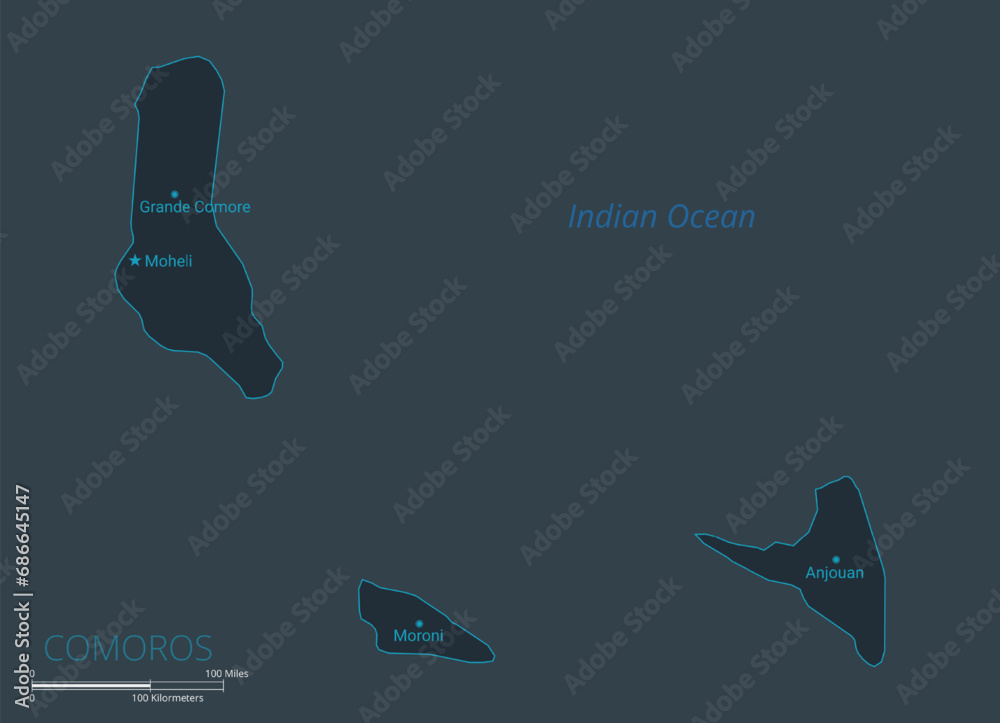 Comoros map. High detailed map of Comoros with countries, borders ...