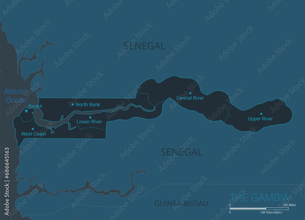 Gambia map. High detailed map of Gambia with countries, borders, cities ...