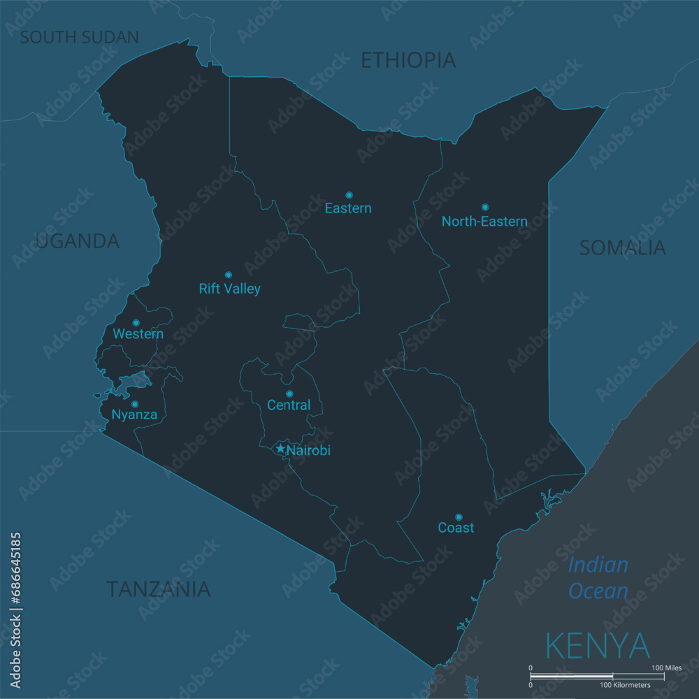 Kenya map. High detailed map of Kenya with countries, borders, cities ...