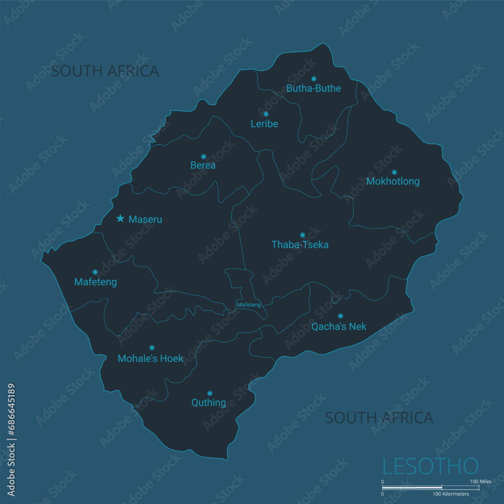 Lesotho map. High detailed map of Lesotho with countries, borders ...