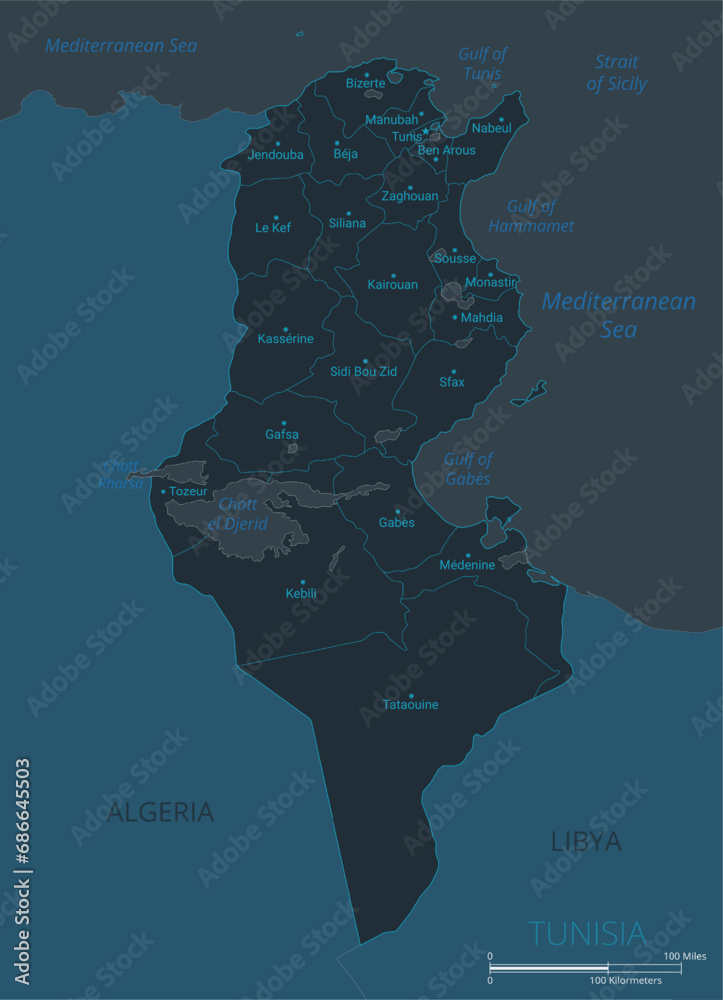 Tunisia map. High detailed map of Tunisia with countries, borders ...