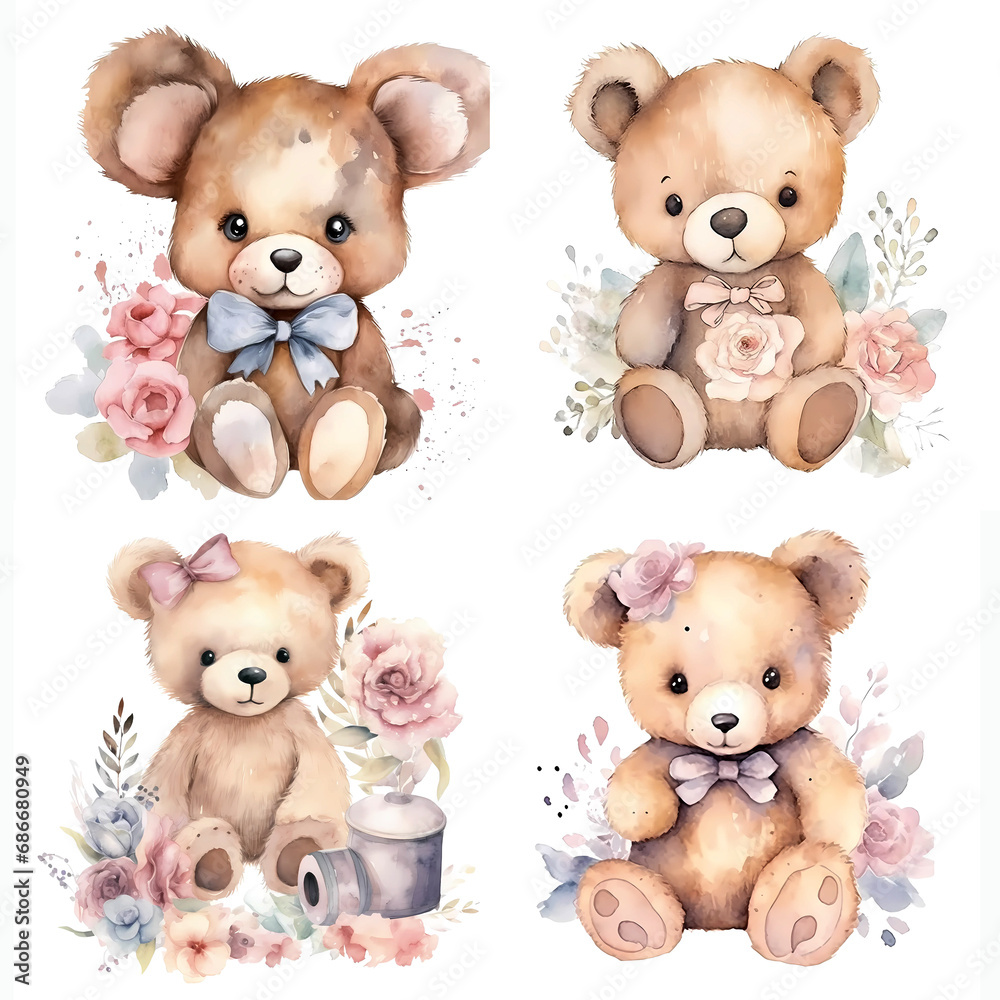 Watercolor teddy bears clipart set isolated on a white background ...
