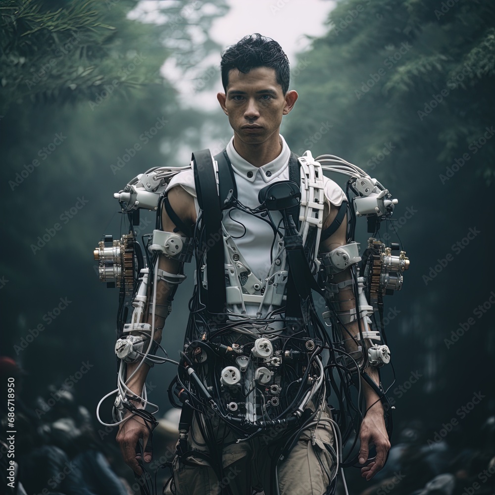 Man wearing high tech exoskeleton. Great for stories on robotics, workforce, futuristic ...