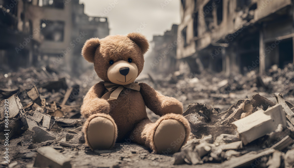 Dirty, broken children's teddy bear toy burnt over city destruction of ...