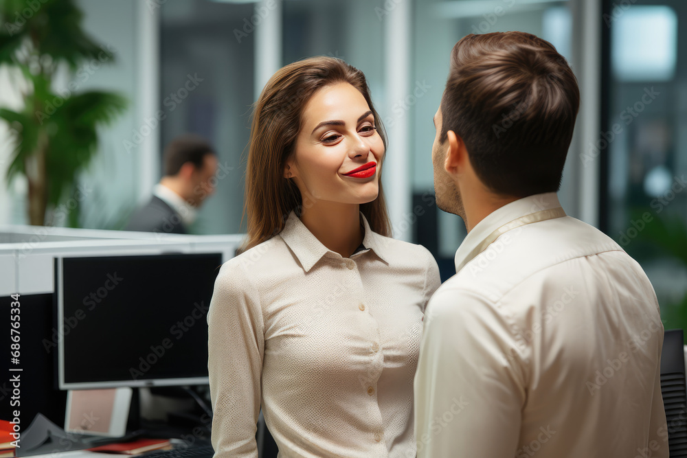 Sexy woman in white shirt with bright makeup and red lips talk, smirk ...