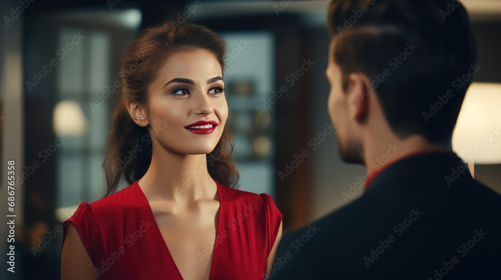 Sexy woman in dress with bright makeup and red lips talk, smirk and ...