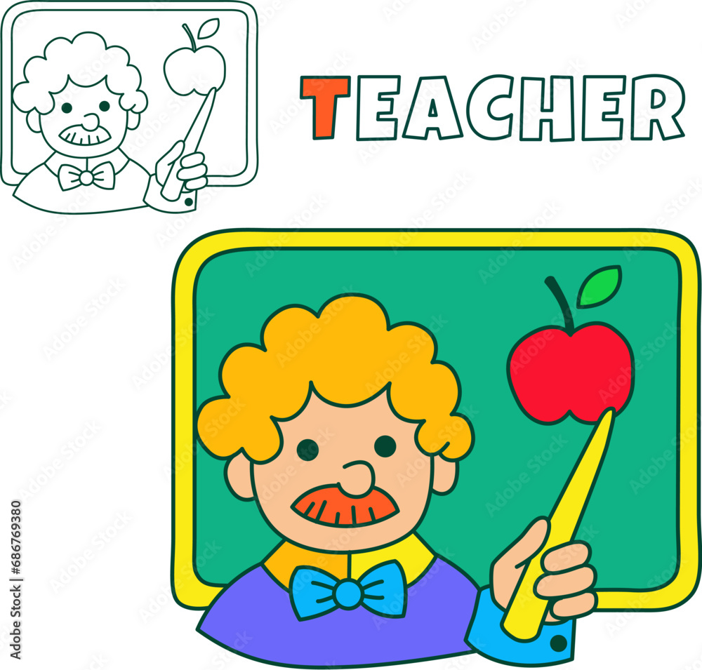 Teacher coloring page cartoon illustration. School teacher simple clip ...