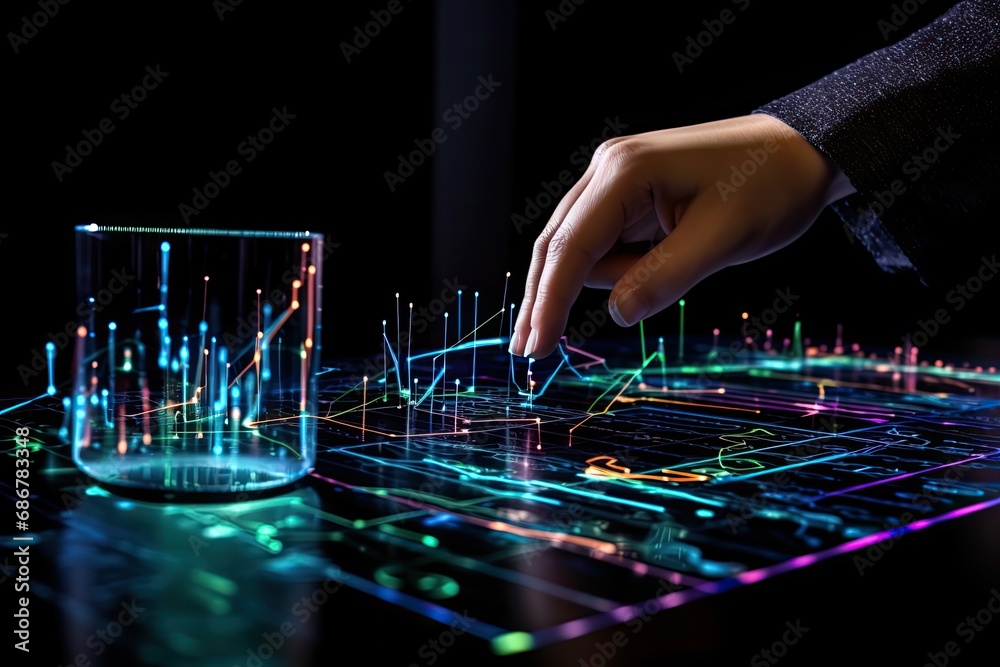 Hand writing hologram data chart, transparent business graph chart in ...