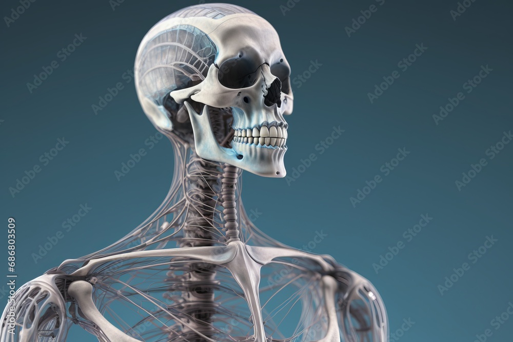 Anatomical illustration of a human skeleton with nerves, muscles, and ...