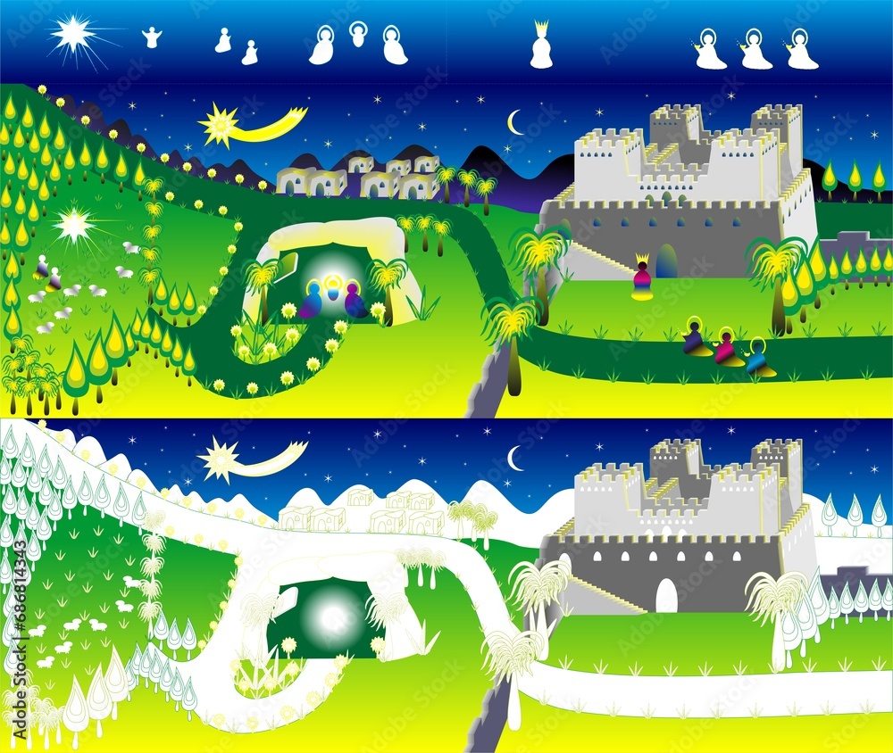 Biblical Christmas scene with Baby Jesus, Mary and Joseph in cave and ...
