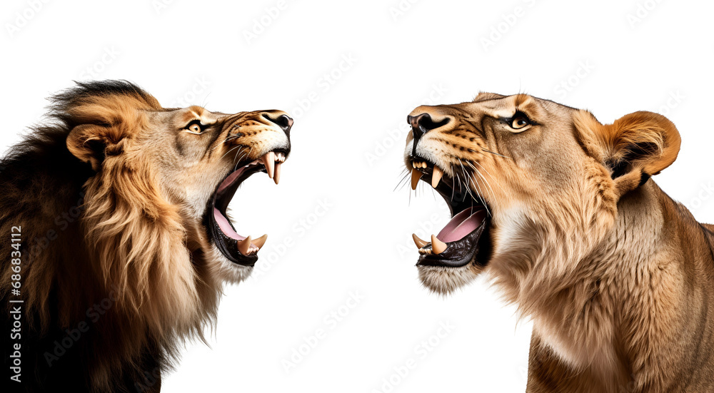 Predators of the Savannah: Set of Angry Lion and Aggressive Lioness ...