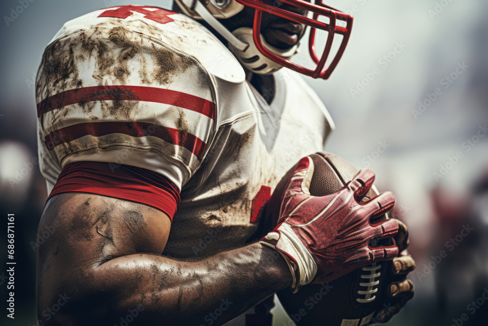 Cropped close-up portrait of muscular American football player holding ...