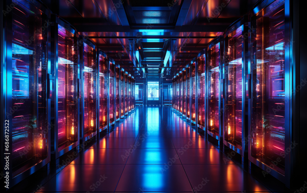 Server room with dark room. A long hallway with many rows of servers ...