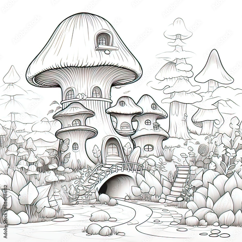Mushroom Valley with Whimsical Creatures, on a coloring book style ...