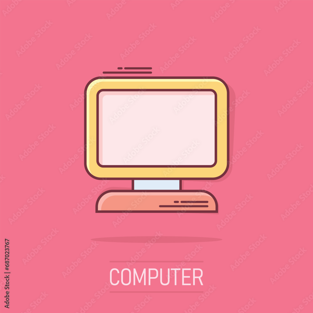 Vector cartoon computer icon in comic style. Monitor sign illustration ...