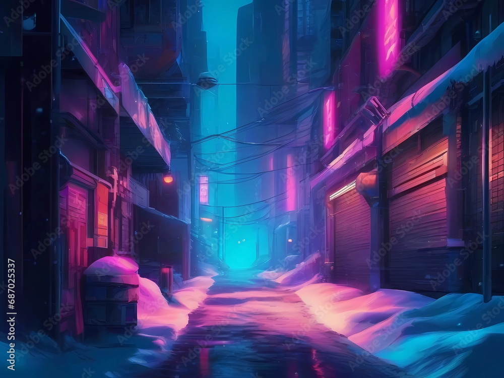 Peaceful alley during nighttime in cyberpunk city covered in snowy ...