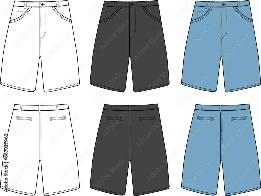 Men's cargo shorts flat sketch vector illustration fashion front and ...