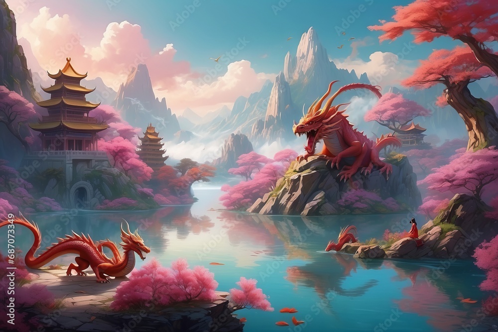 Big and small Dragons in a fantastically beautiful world with a lake ...