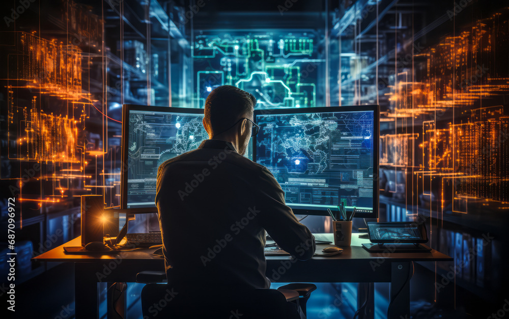 Cybersecurity professional working inside a high-tech server room with immersive interface ...