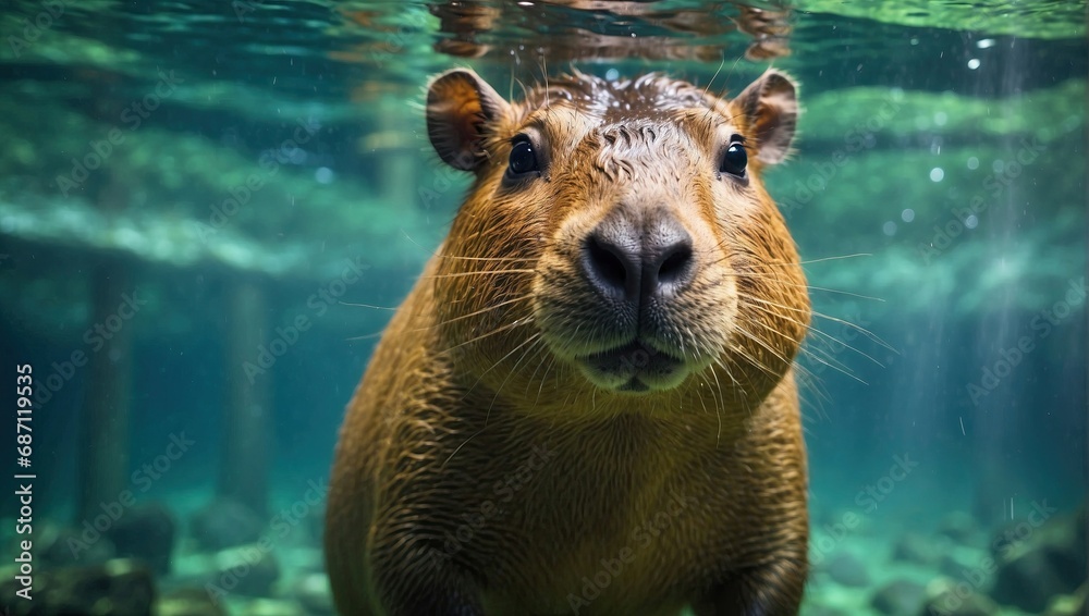 Capybara submerged underwater with head under surface, looking ...
