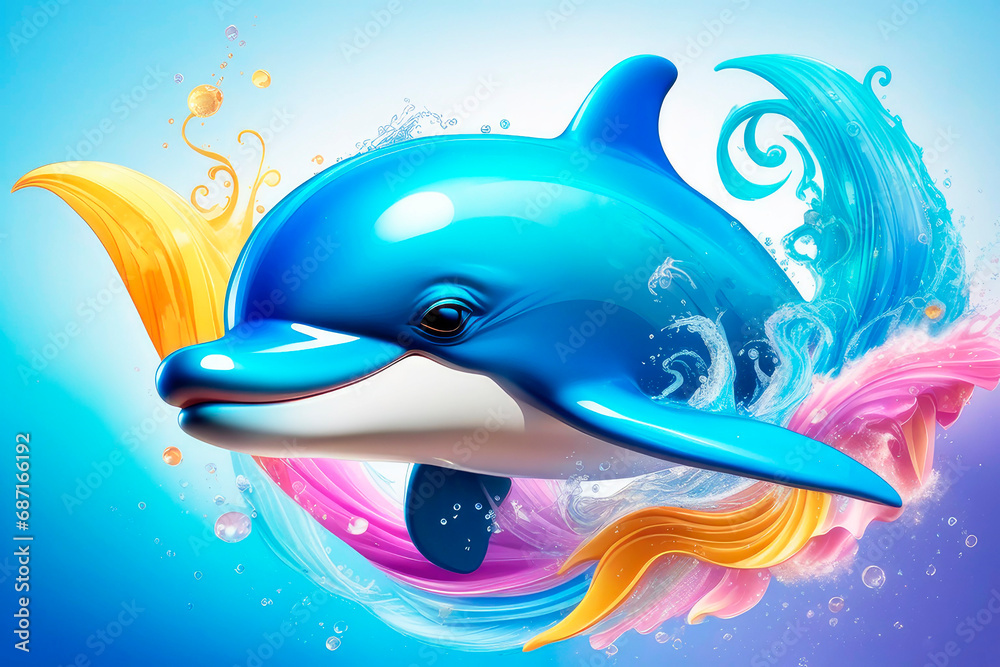Colorful watercolor. Jumping from water cute dolphin isolated in colors ...