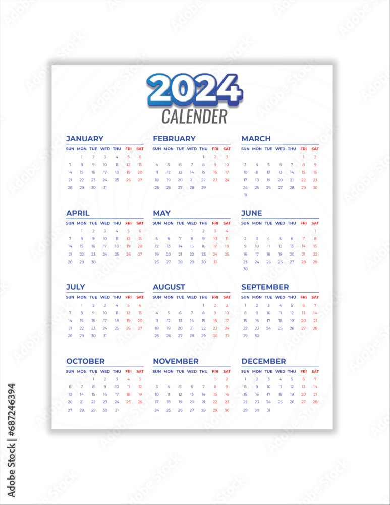 Monthly calendar template for 2024 year. Wall calendar in a minimalist ...