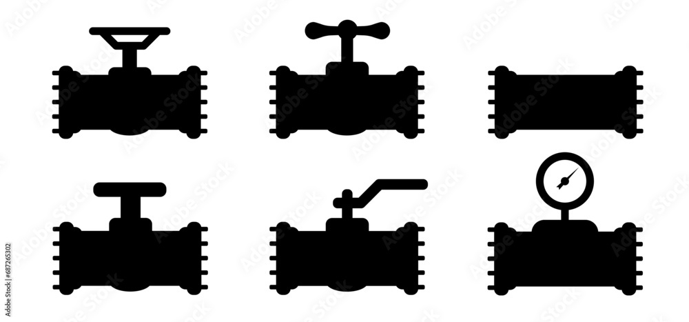 Water, oil or gas pipeline with fittings and valves. Pipeline and black ...