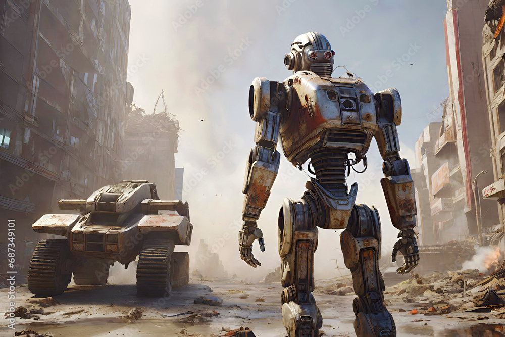 Cinematic scene of a post-apocalyptic Earth invaded by robots. A ...