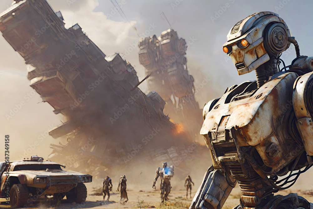 Cinematic scene of a post-apocalyptic Earth invaded by robots. A ...