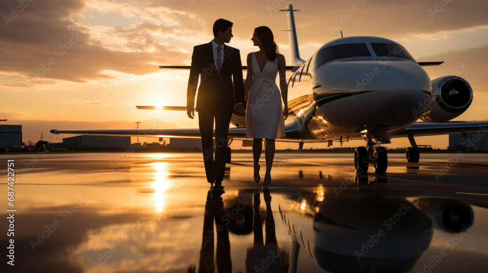 Couple of lovers taking a charter airplane. Tourists on vacation waiting their flight to go on ...