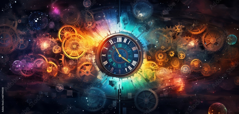 Interlocking gears of light turning in a cosmic clockwork, creating an ...