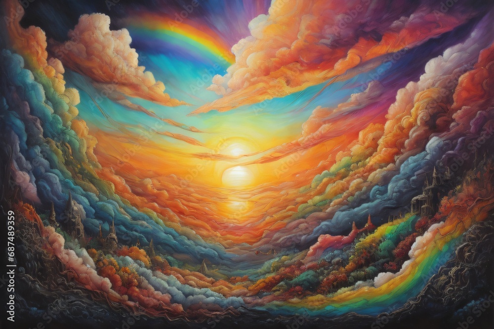 Visual depiction of an abstract blend of surreal sunset or sunrise ...