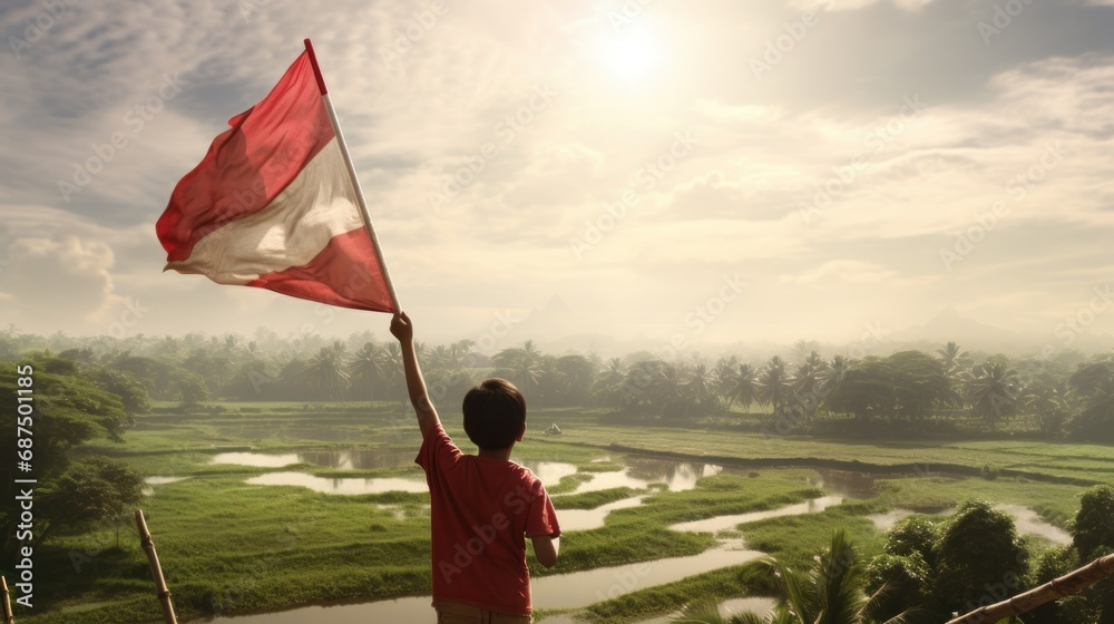 Boy carrying red flag in rice field background wallpaper AI generated ...