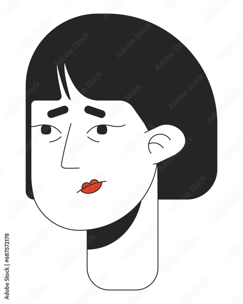 Sick adult asian woman red lips 2D linear vector avatar illustration ...