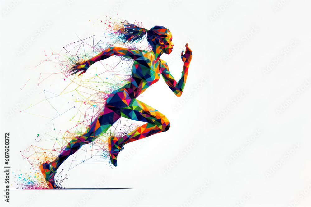 Polygonal person running colorful splash contrast sharp on white ...