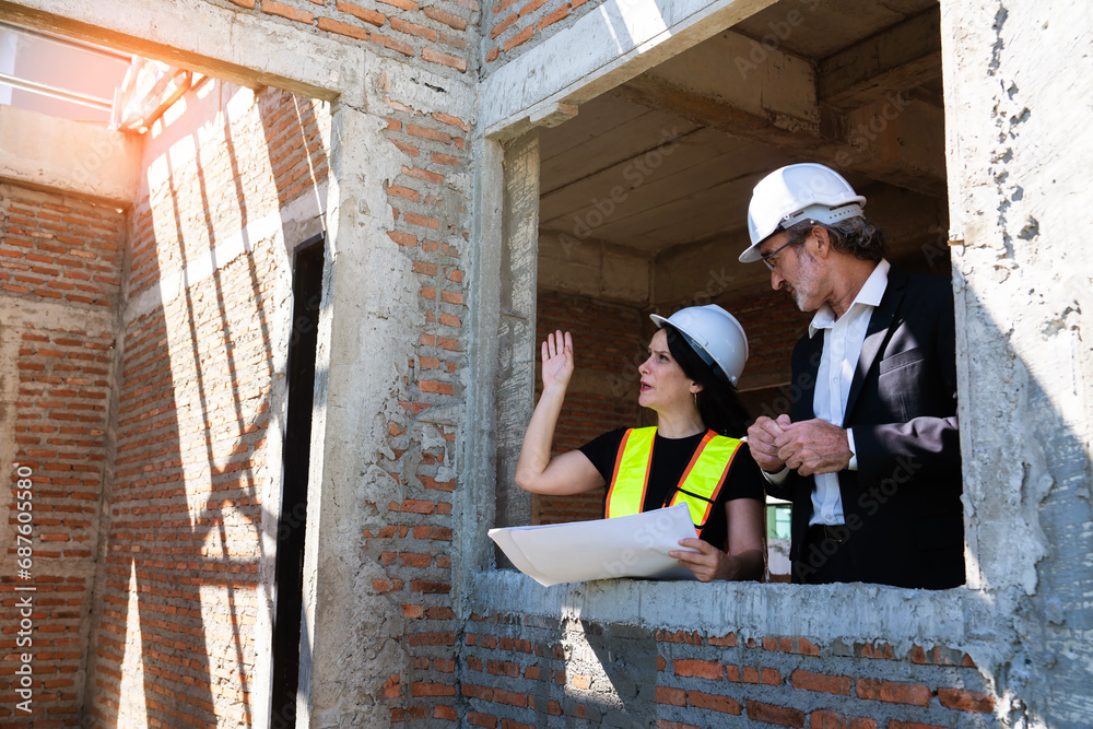 Caucasian female contractor engineer wearing uniform and helmet for ...