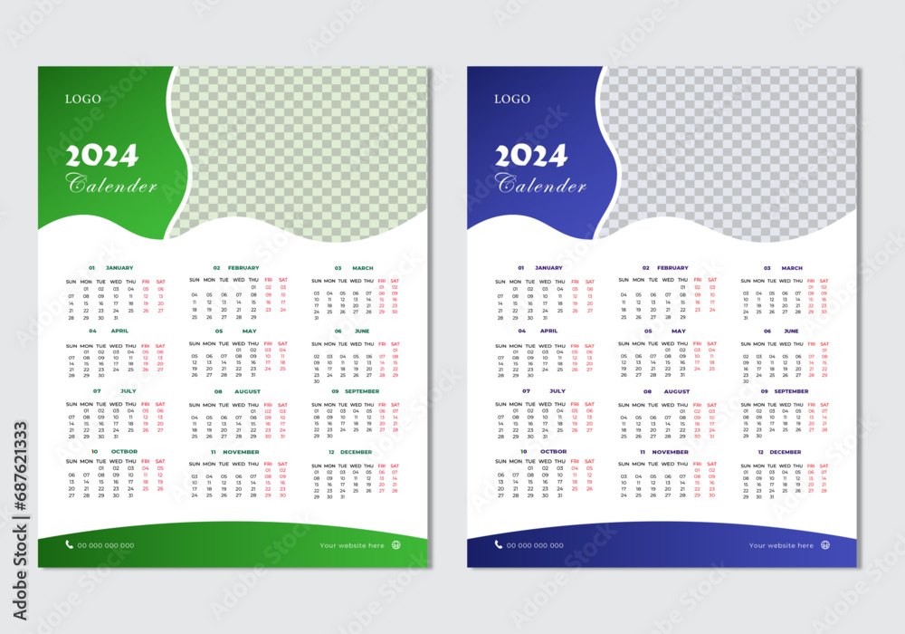 One Page wall calendar template design for 2024, Week starts on Sunday ...