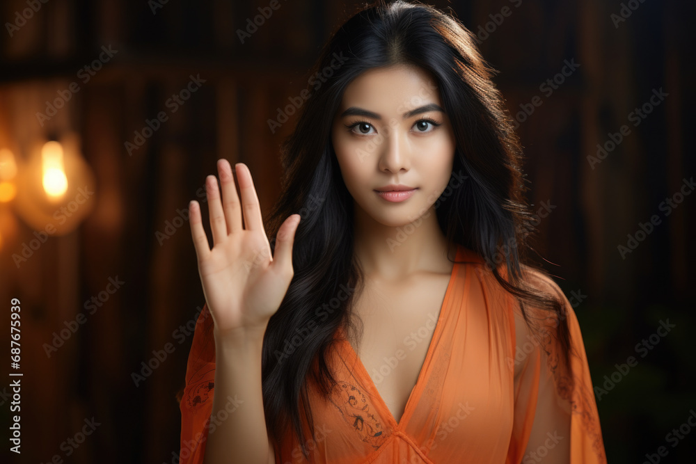 Woman dressed in orange dress is seen making stop sign gesture with her ...