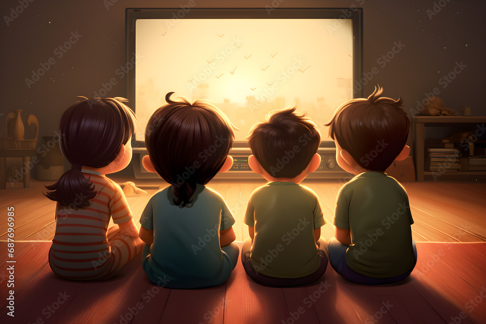 Ilustración de Stock cartoon back view cute kids watch TV | Adobe Stock