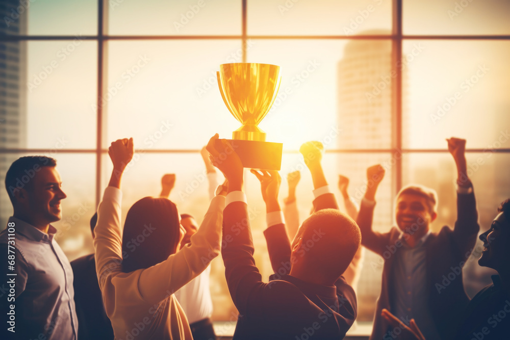 Business Team Celebrating Gold Trophy. Concept of success and ...