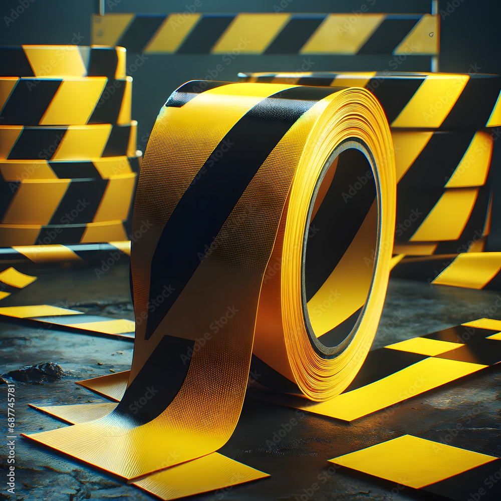 Yellow and black barricade tape, commonly used as a warning or to ...