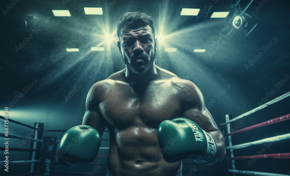 An athlete dons determined expression and green boxing glove, with ...